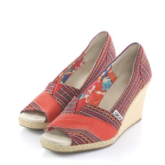 Toms | Shoes | Toms Red Canvas Striped Peep Toe Wedge Sandals | Poshmark